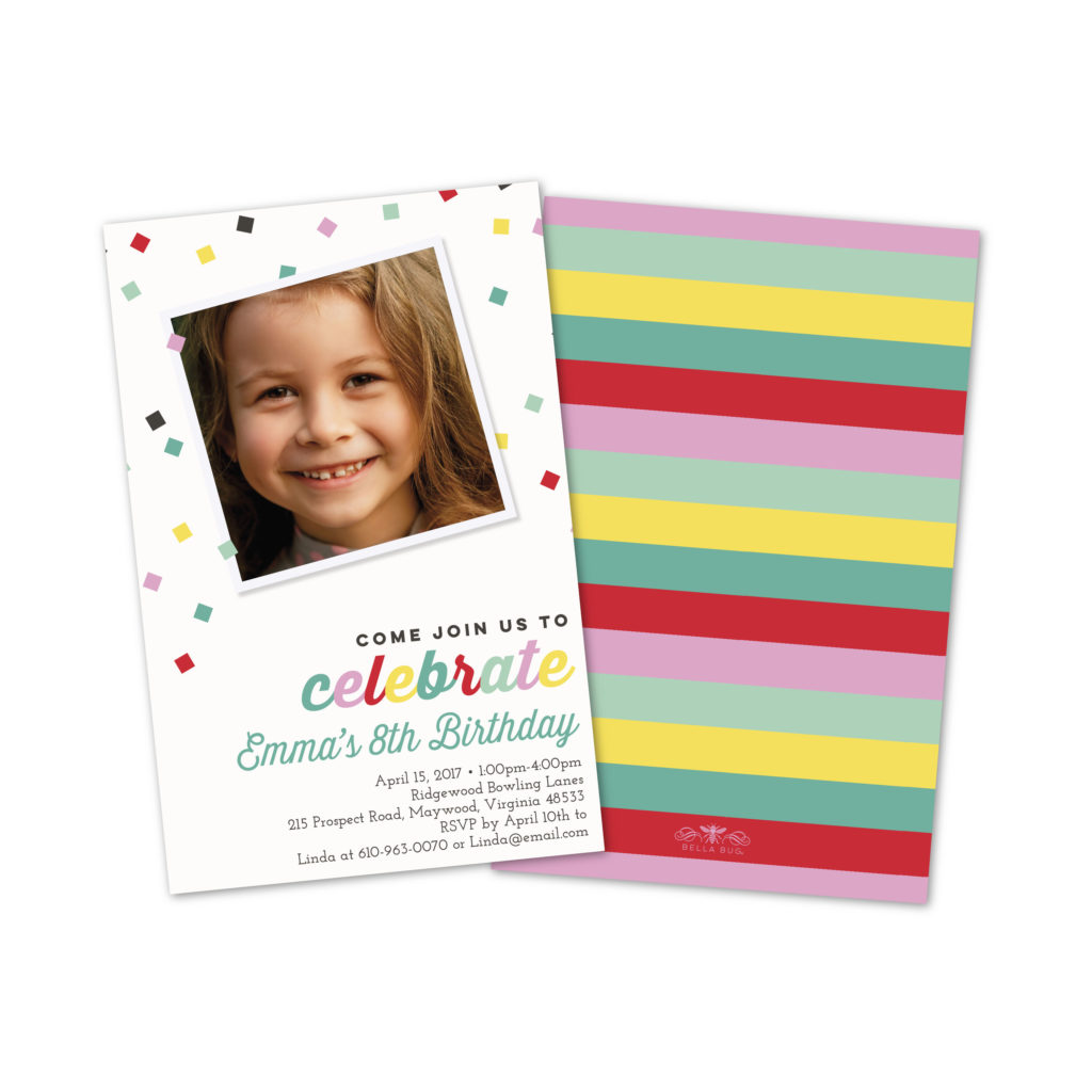 Fun Confetti Personalized Kids Birthday Party Invitations – Bella Bug